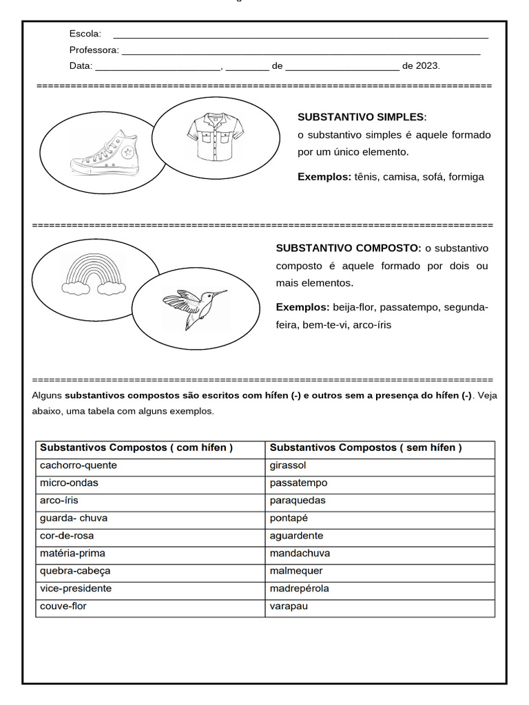 Atividades Sobre Substantivo Simples e Composto | PDF