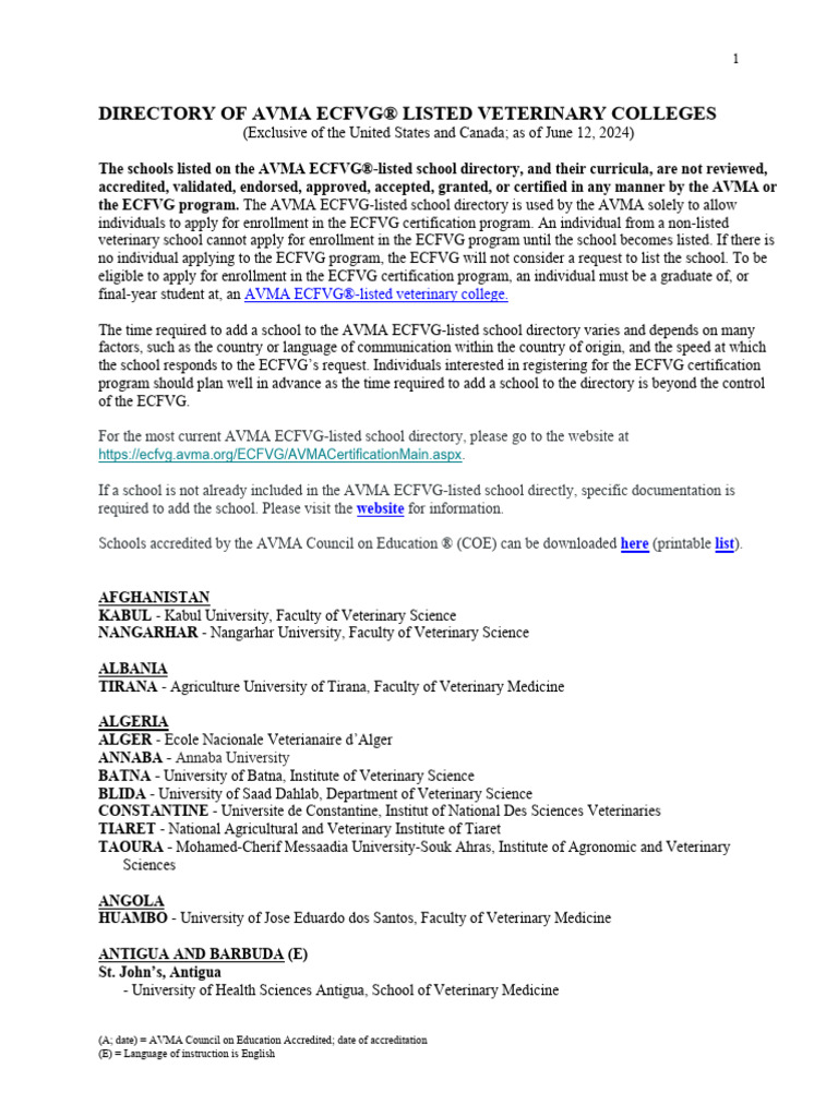 AVMA ECFVG-Listed Veterinary Colleges | PDF | Veterinary Medicine