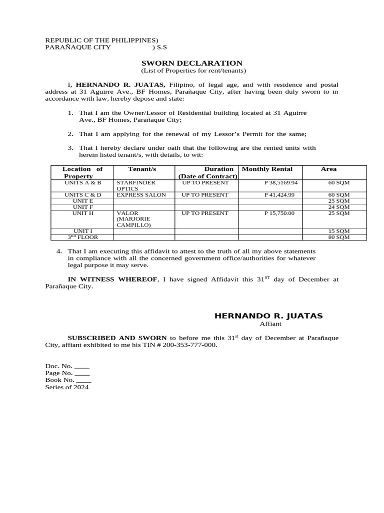 Sworn Declaration - Tenants JUATAS | PDF | Affidavit | Legal Documents