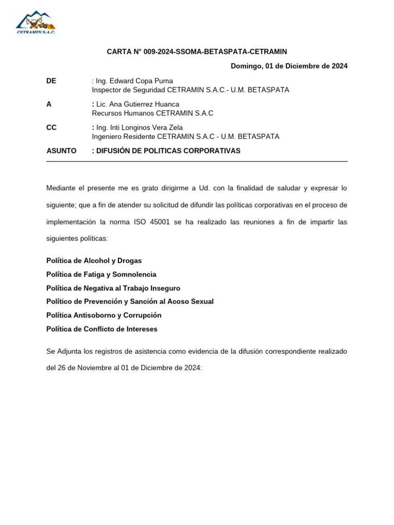 Carta 009 - Difusión de Politicas Corporativas | PDF