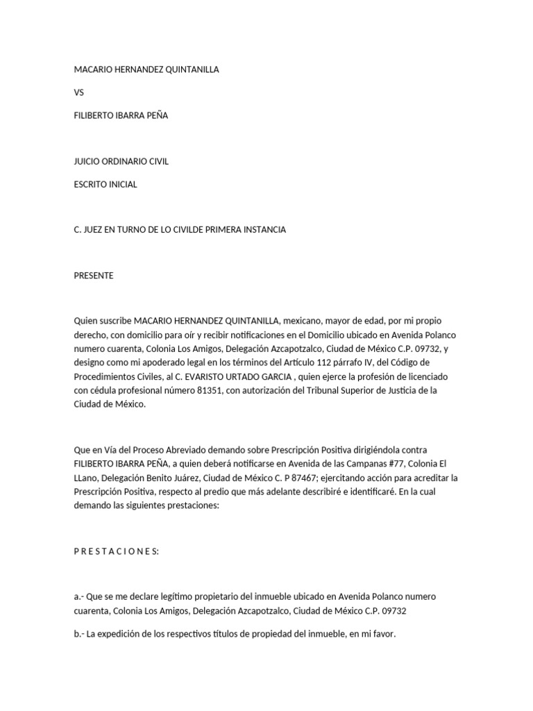 Formato para Prescripción Positiva CDMX Editable | PDF | Posesión (Ley) | Propiedad
