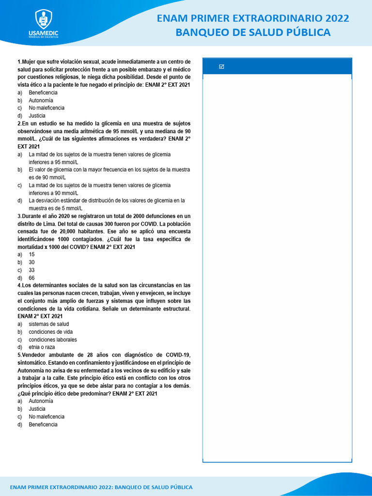 BANQUEO DE SALUD PUBLICA ENAM 1 EXT 2022 USAMEDIC Alumno | PDF | Cuidado de la salud ...