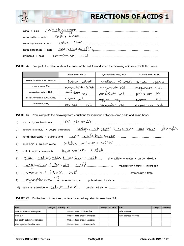 Chemsheets GCSE 1131 Reactions of Acids 1 | PDF | Acid | Hydroxide