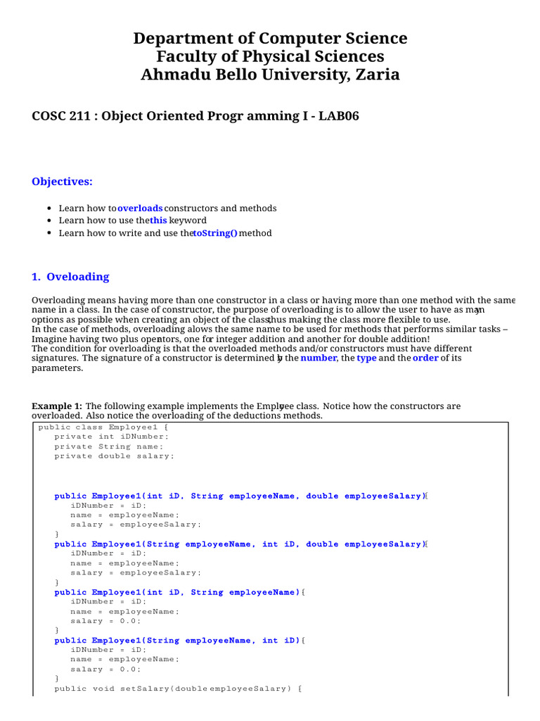 LAB06-Department of Computer Science | PDF | Constructor (Object Oriented Programming) | Programming