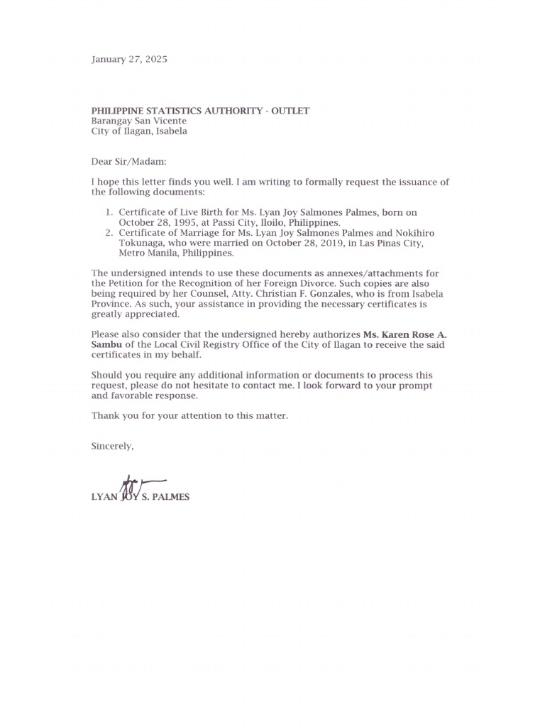Letter to PSA-LYAN PALMES | PDF
