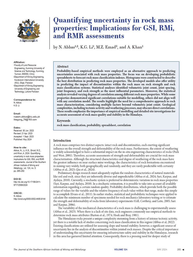 Quantifying Uncertainty in Rock Mass Properties: Implications For Gsi, Rmi, and RMR Assessments ...