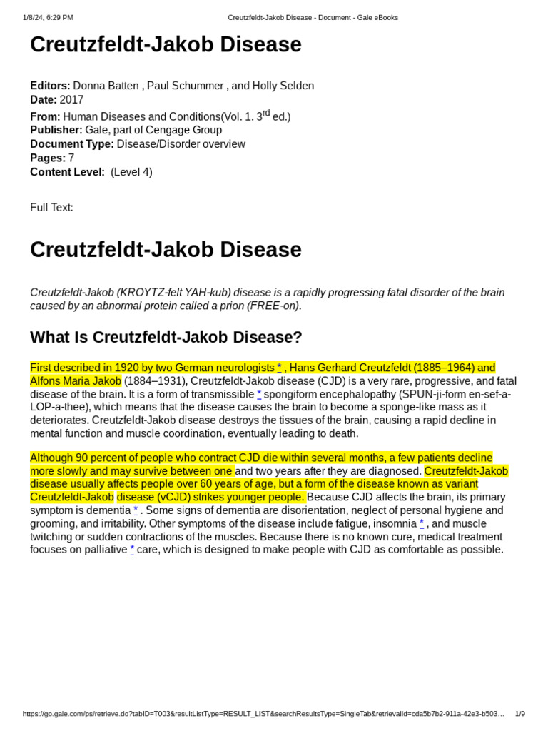 Creutzfeldt-Jakob Disease - Document - Gale Ebooks | PDF | Biology ...