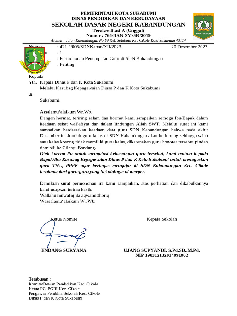 Permohonan Penempatan Guru SDN Kabandungan | PDF