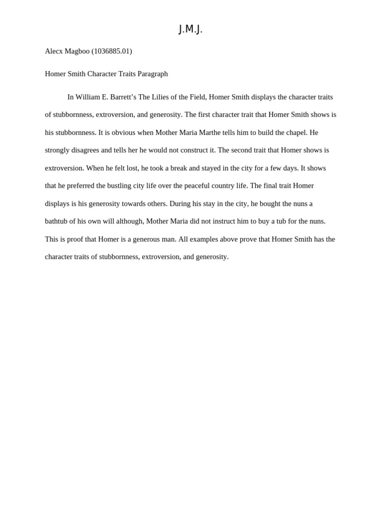 Homer Smith Character Traits Paragraph | PDF