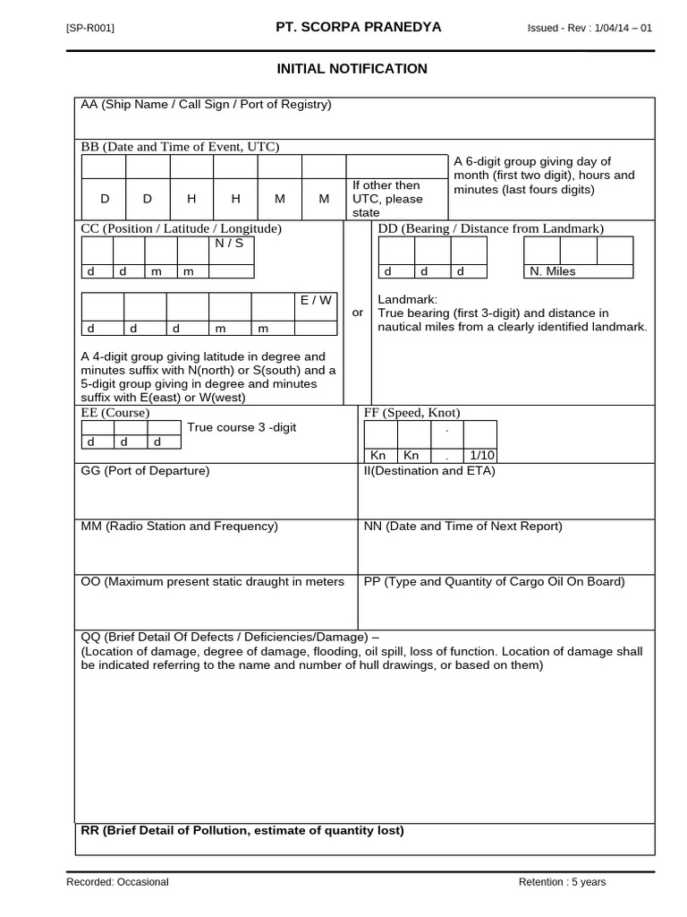 SP-R001 Initial Notification | PDF | Ships | Shipping