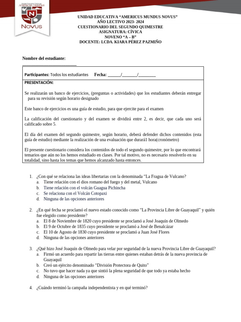 Cuestionario C Vica Noveno Examen Segundo Quimestre | PDF
