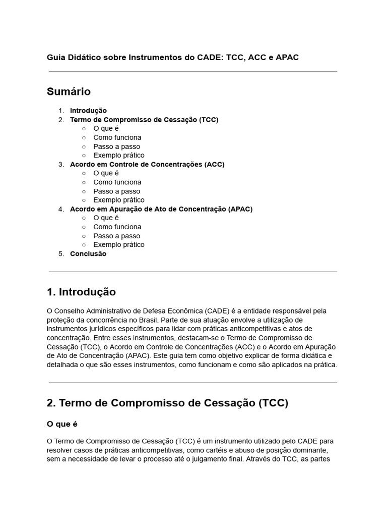 Guia Didático Sobre Instrumentos Do CADE - TCC, ACC e APAC | PDF | Lei da Concorrência | Fusões ...