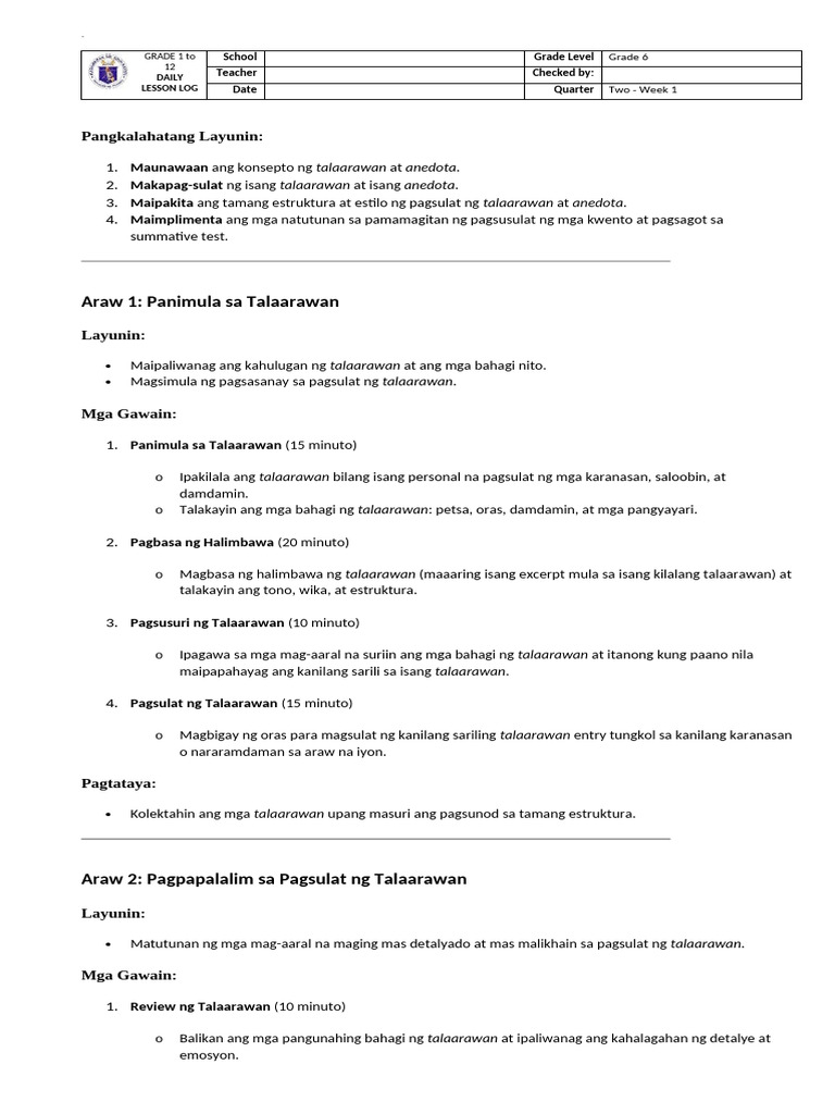 Araw 1: Panimula Sa Talaarawan: Pangkalahatang Layunin | PDF