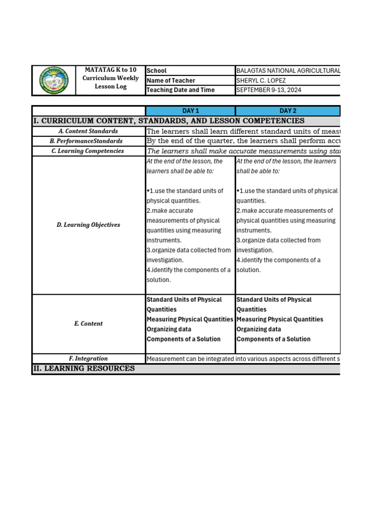 Sample Lesson Plan Aligned With MATATAG | PDF | Measurement | Learning