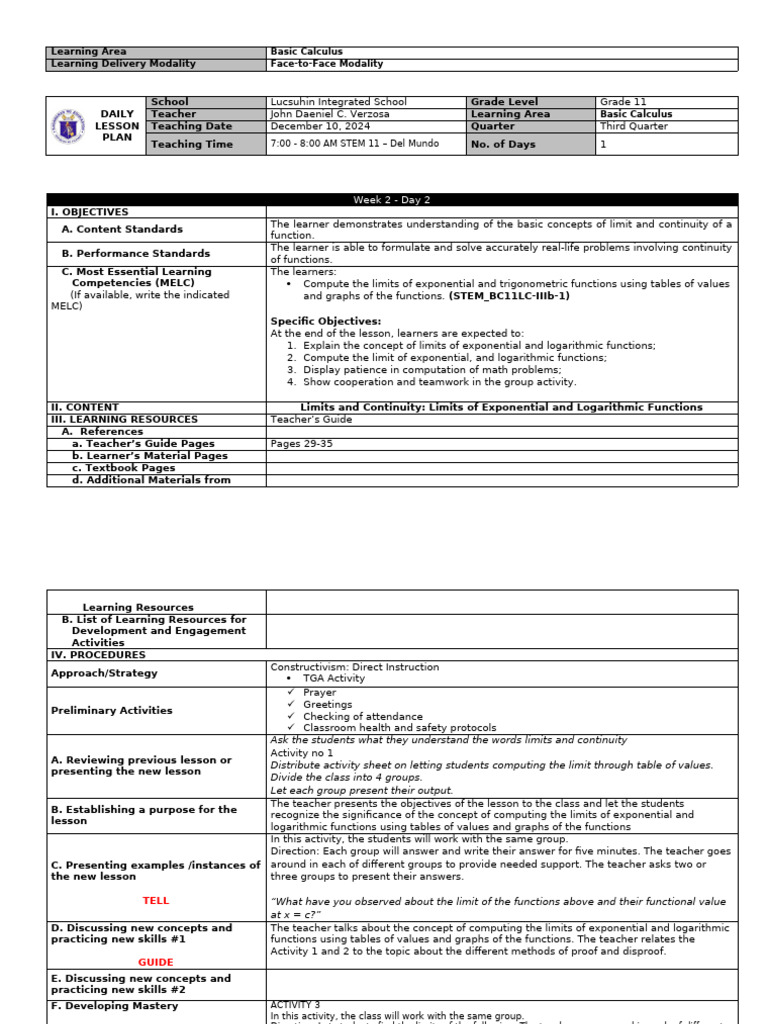 JDVerzosa DLP BasicCalculus-Wk2Day2 | PDF | Function (Mathematics) | Exponential Function