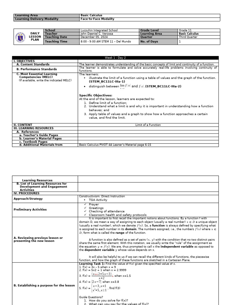 Grade 11 Calculus Lesson Plan | PDF | Function (Mathematics) | Mathematical Objects