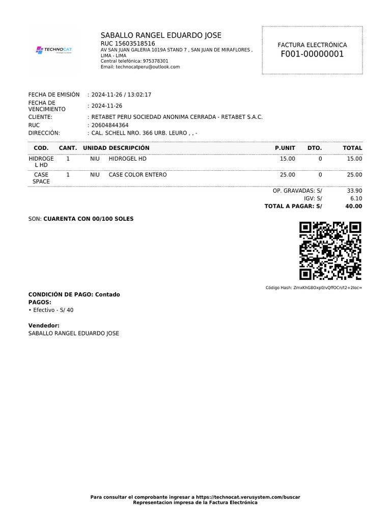 Saballo Rangel Eduardo Jose: RUC 15603518516 Factura Electrónica | PDF