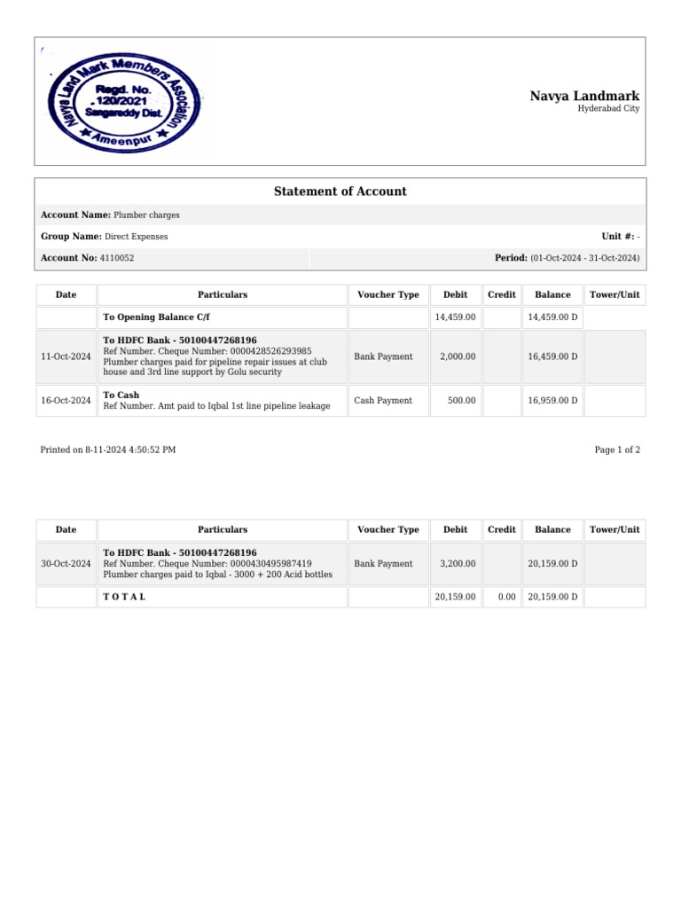 Plumber Charges Ledger | PDF