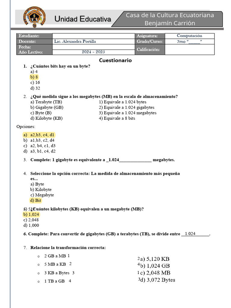 Cuestionario de Computación 7mo Grado | PDF | Informática | Arquitectura de Computadores