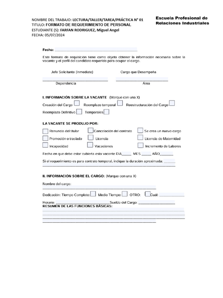 Formato de Requerimiento de Personal | PDF