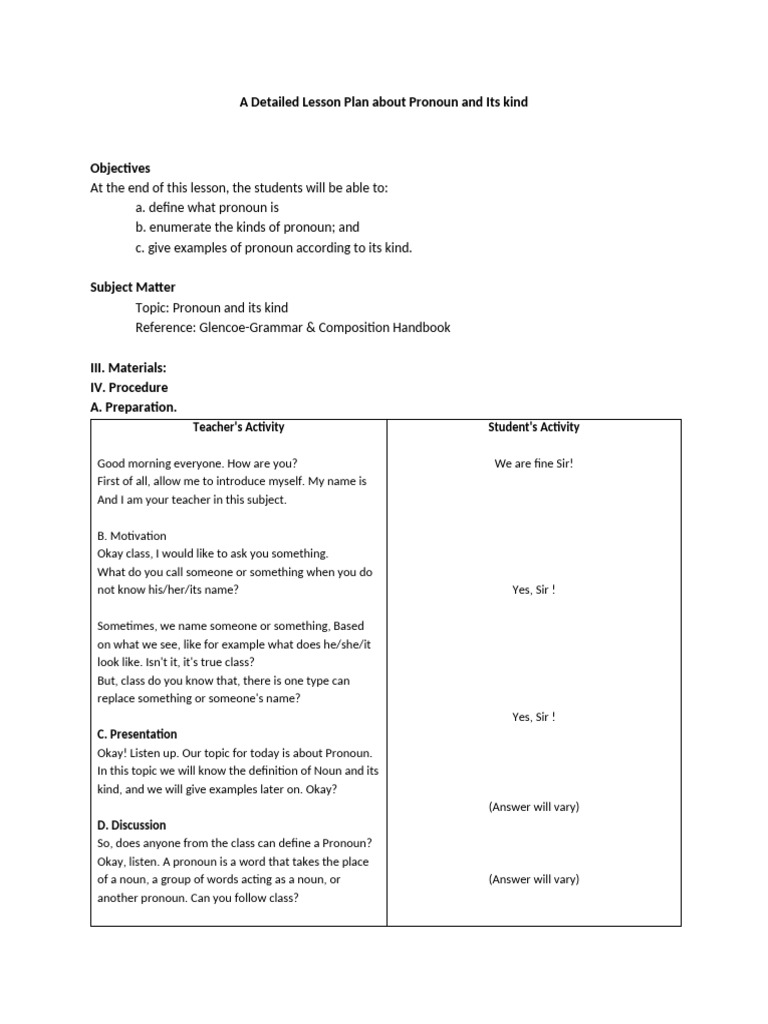 Pre-Demo Lesson Plan Pronoun | PDF | Pronoun | Grammatical Number