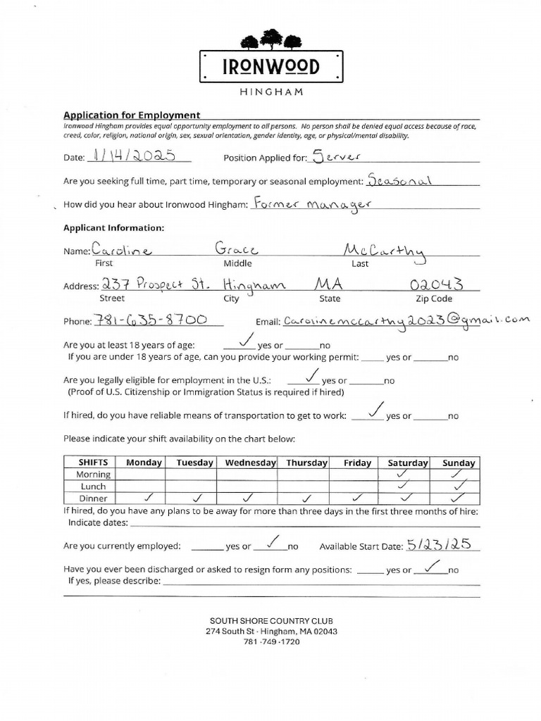 Caroline McCarthy-Ironwood Application | PDF