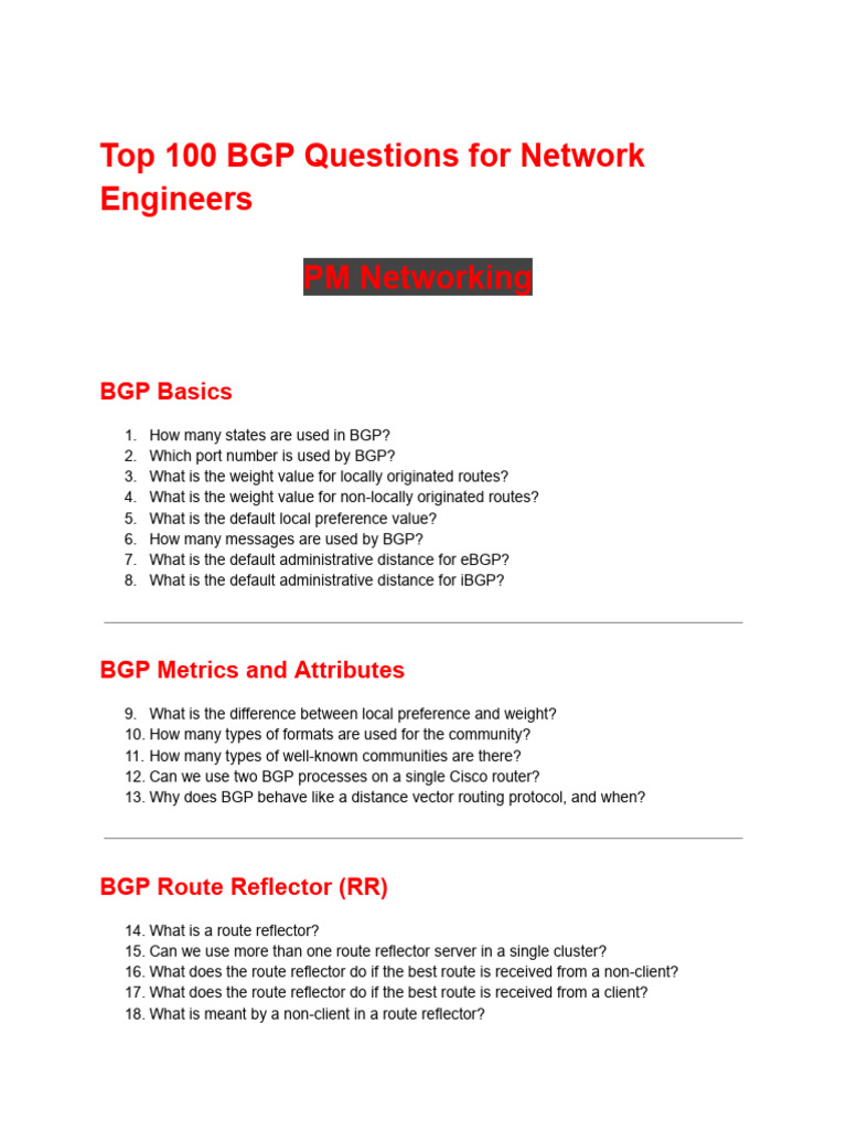 Top 100 BGP Questions for Network Engineers | PDF | Internet Protocols | Computing