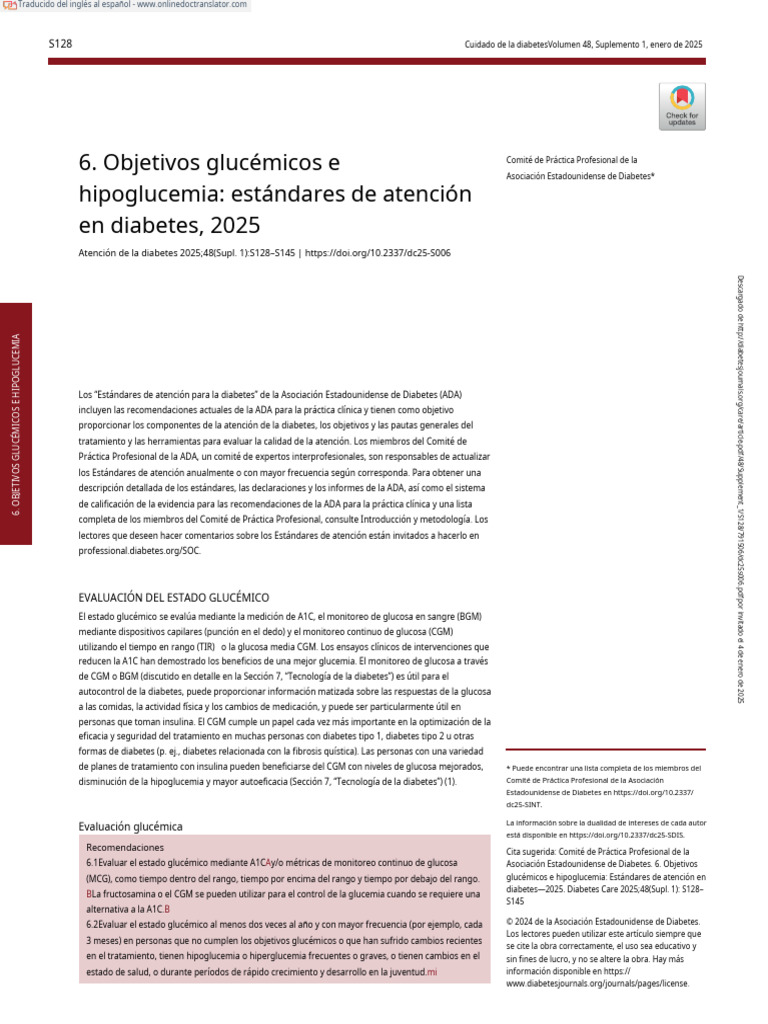 Metas de Glucemia Segun Ada 2025 | PDF | Diabetes | Hipoglucemia