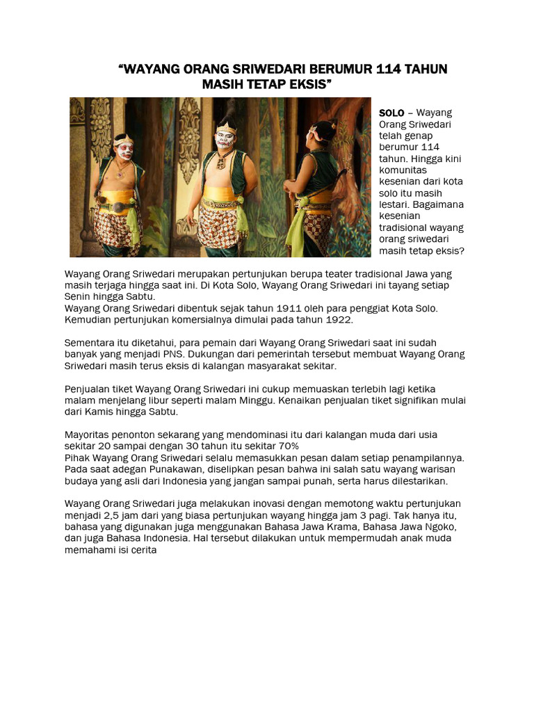 Tugas Artikel Wayang Orang Sriwedari MUHAMMAD RIYADI | PDF