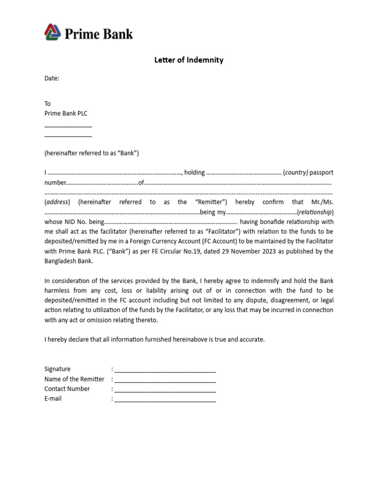 IBA Account_Letter of Indemnity_Individual | PDF