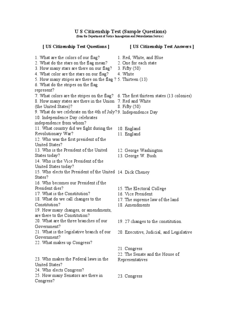 U S Citizenship Test | PDF | Presidents Of The United States | American ...