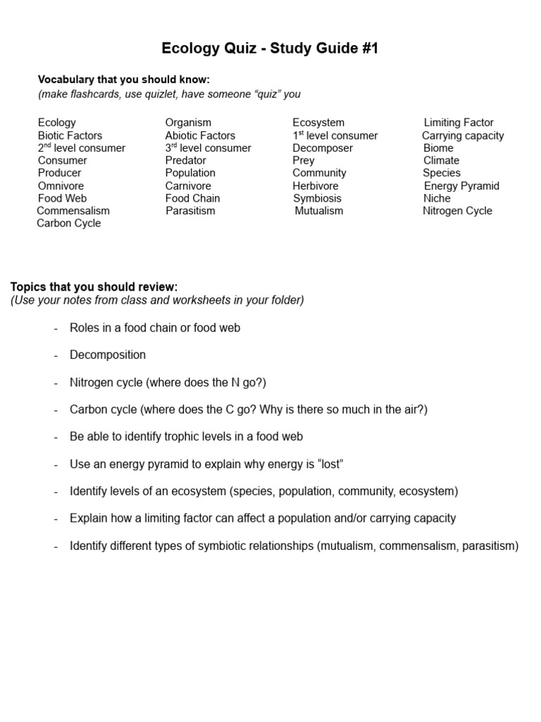 Ecology Study Guide Quiz Vocabulary | PDF