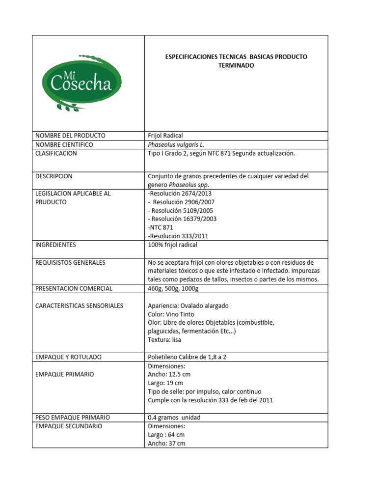 FT Frijol Radical Mi Cosecha Ver 2 | PDF | Etiqueta de información nutricional | Nutrición