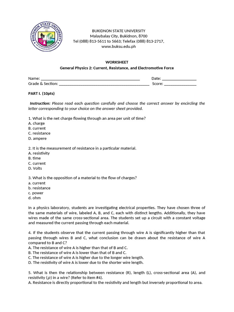 Current, Resistance, and EMF Assessment | PDF | Voltage | Electric Current
