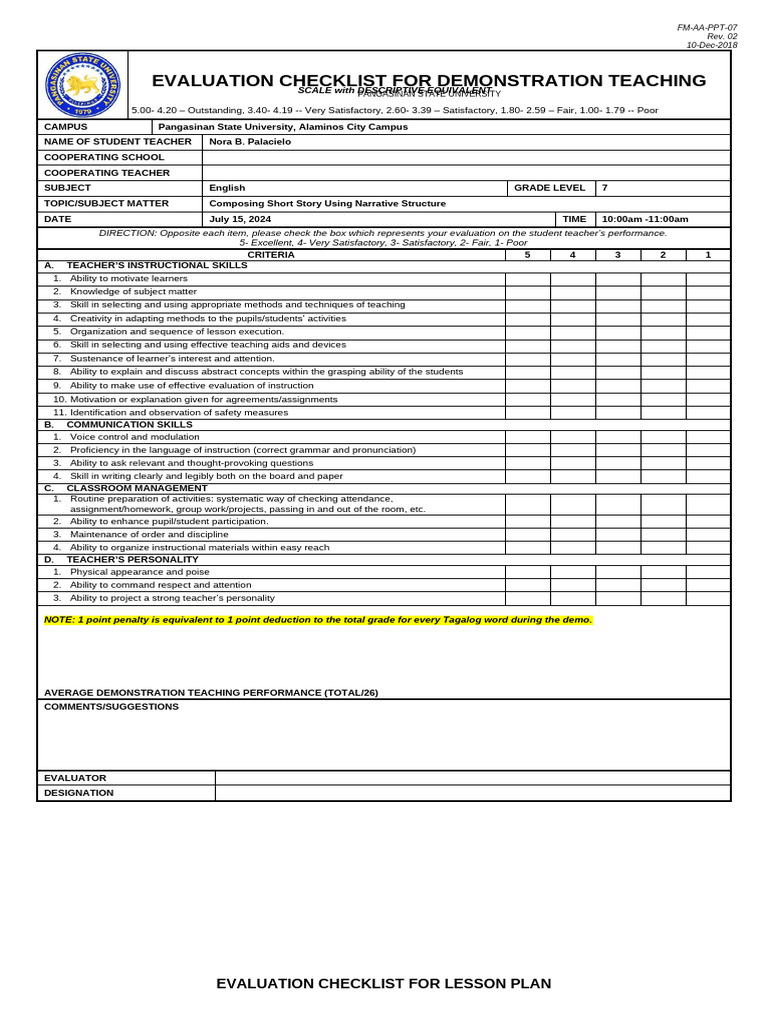 DEMO-CHECKLIST (FINAL) | PDF | Teachers | Learning