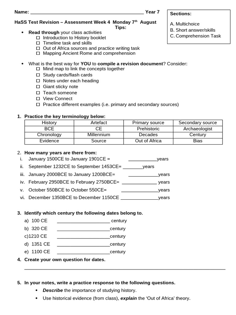2023 Year 7 History Revision Test Sheet | PDF | Archaeology