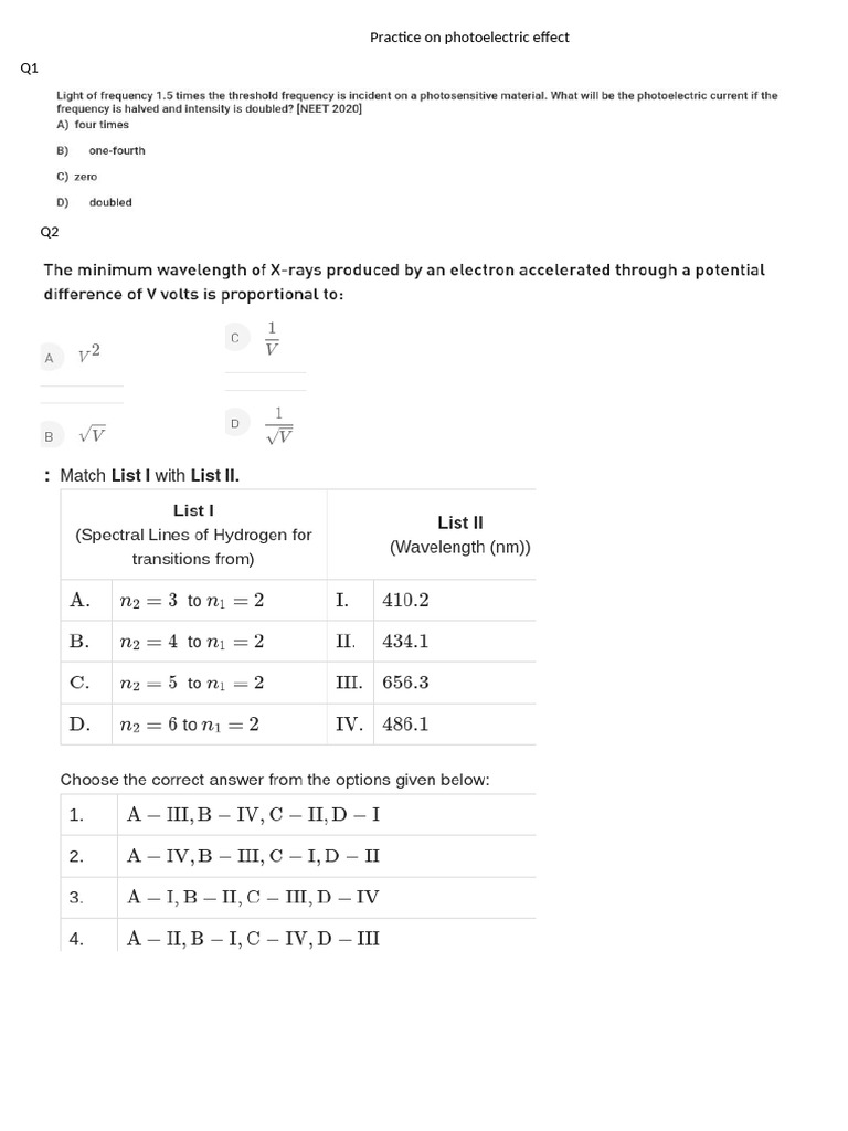 Practice On Photoelectric Effect | PDF
