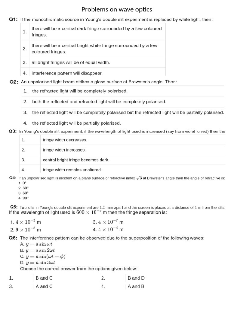 Wave Optics Problem Set | PDF