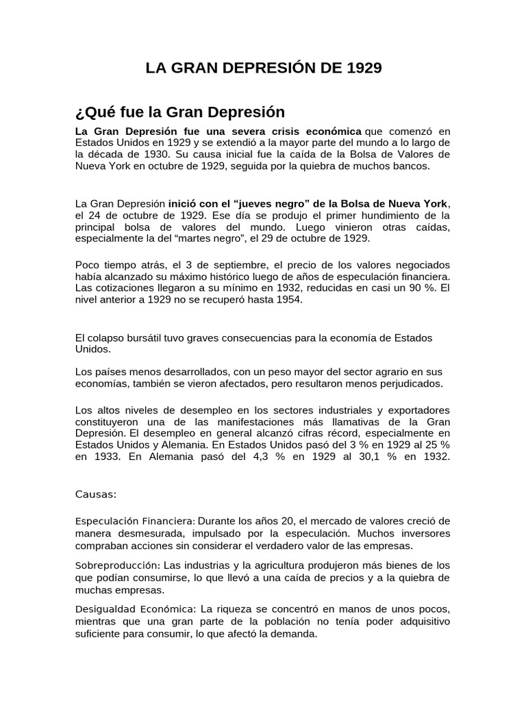 Causas y Consecuencias de la Gran Depresión | PDF | Gran depresion ...