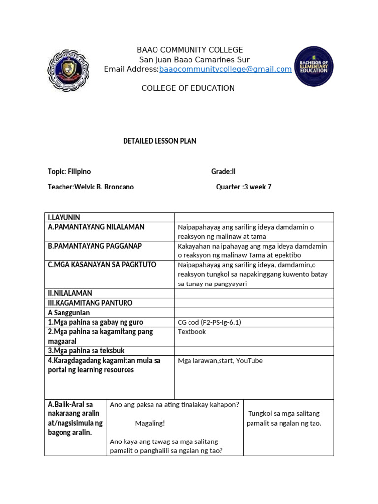 Lesson Plan (Filipino 2) | PDF