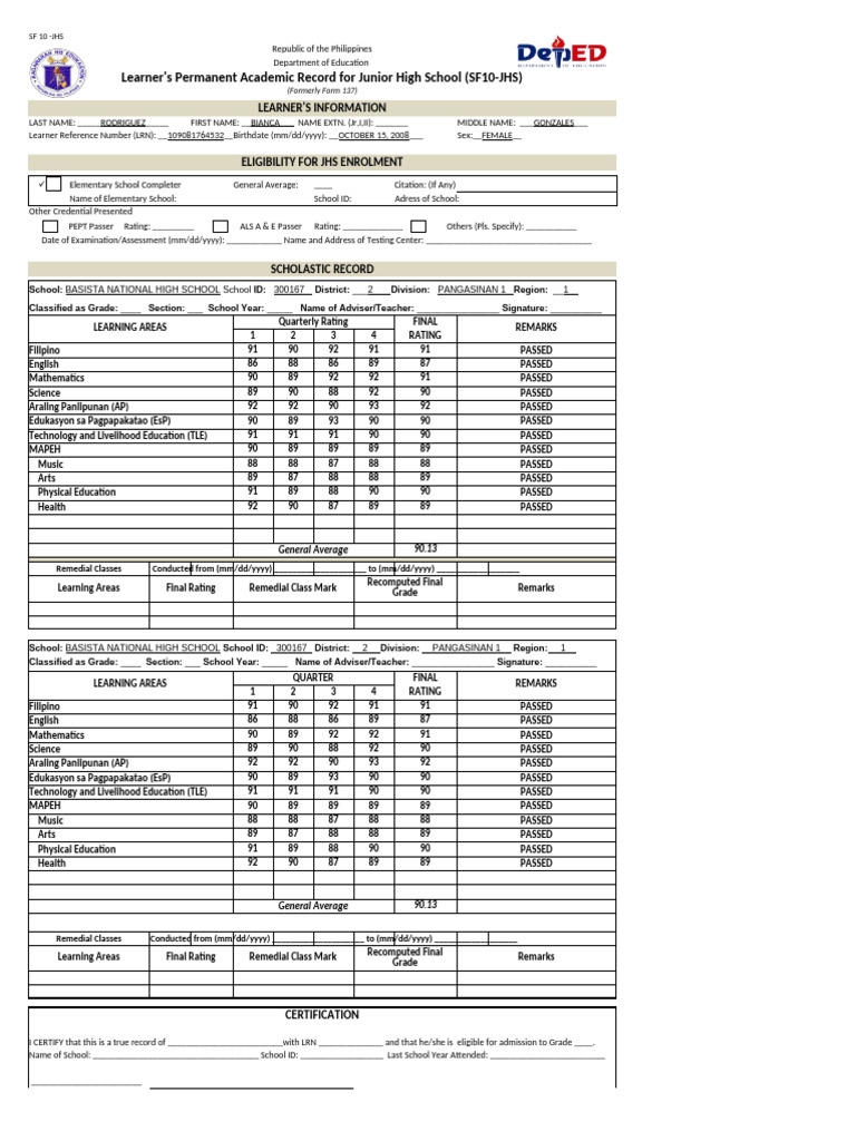 SF 10 Learner - S Permanent Academic Record For Junior High School - 3 ...