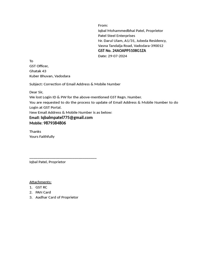 GST Correction Letter | PDF