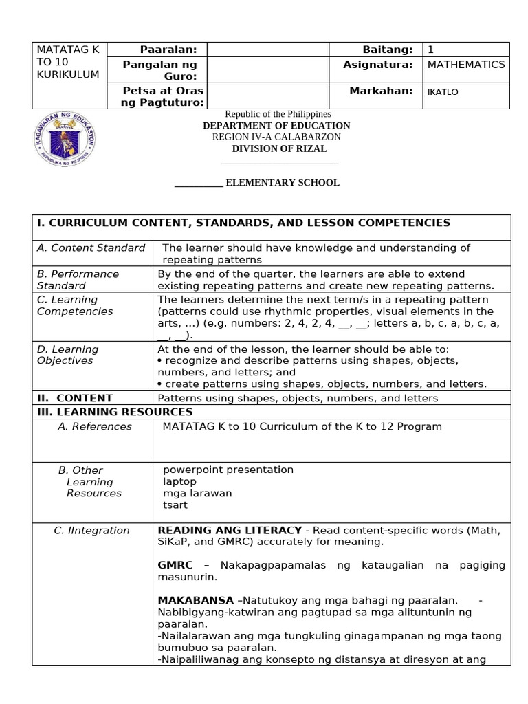 Pattern LESSON PLAN | PDF