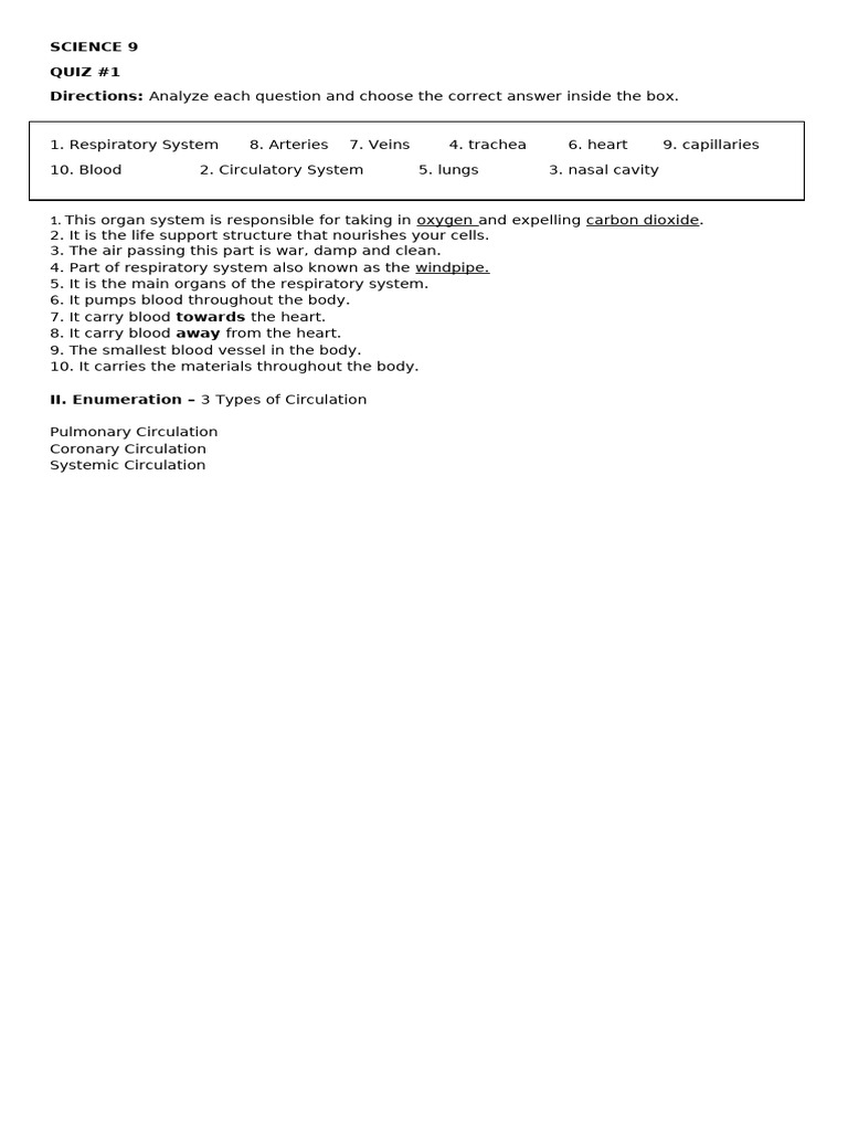Science 9 Quiz on Respiratory & Circulatory Systems | PDF