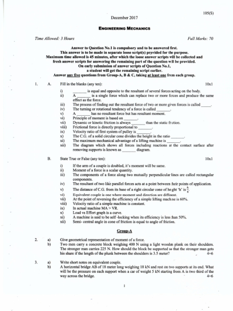 Diploma 2nd Sem Engineering Mechanics Dec 2017 | PDF