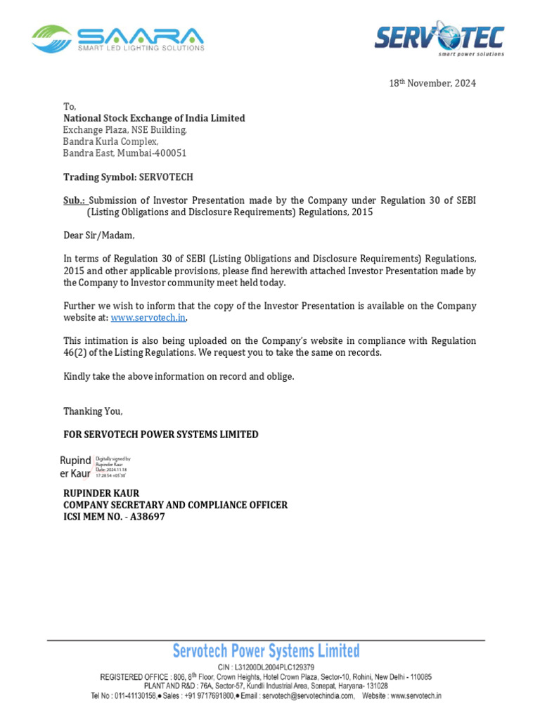 Servotech 18112024174938 Nsepresen | PDF | Solar Power | Battery Charger