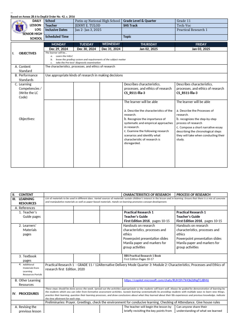 DLL PR1 CharacteristicsProcessOfResearch | PDF | Learning | Teachers