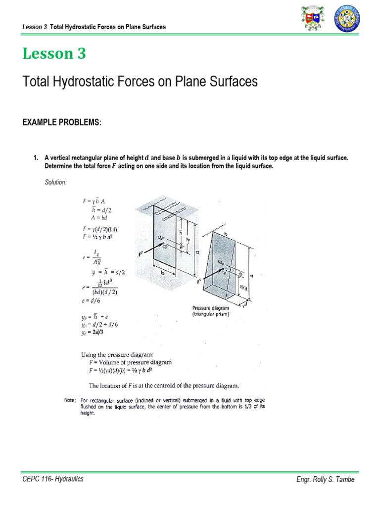 Total Hydrostatic Forces On Plane Surfaces SAMPLE PROBLEMS | PDF | Pressure | Force
