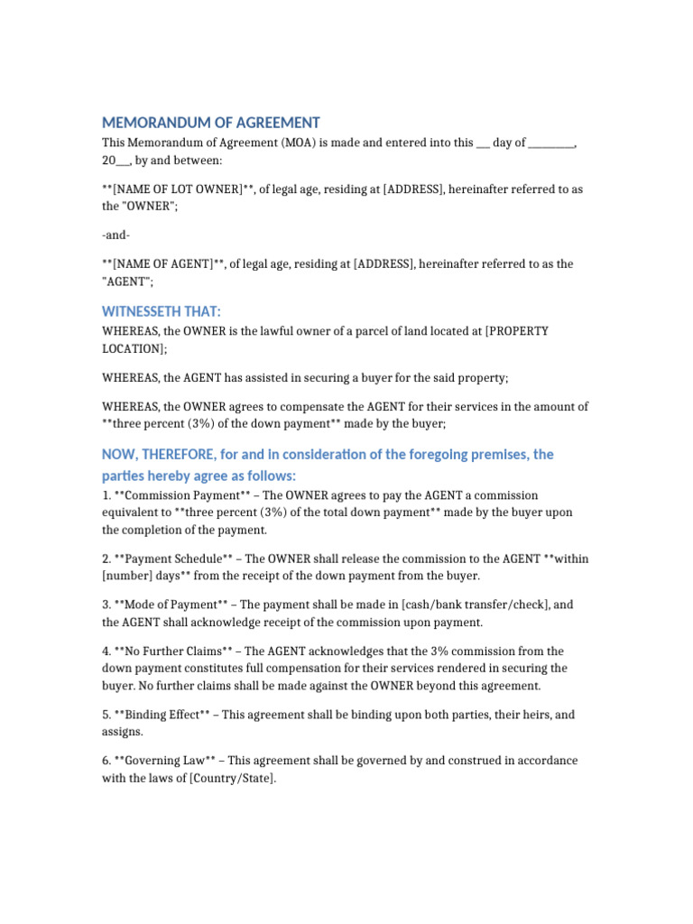 Memorandum of Agreement for Agent Commission | PDF