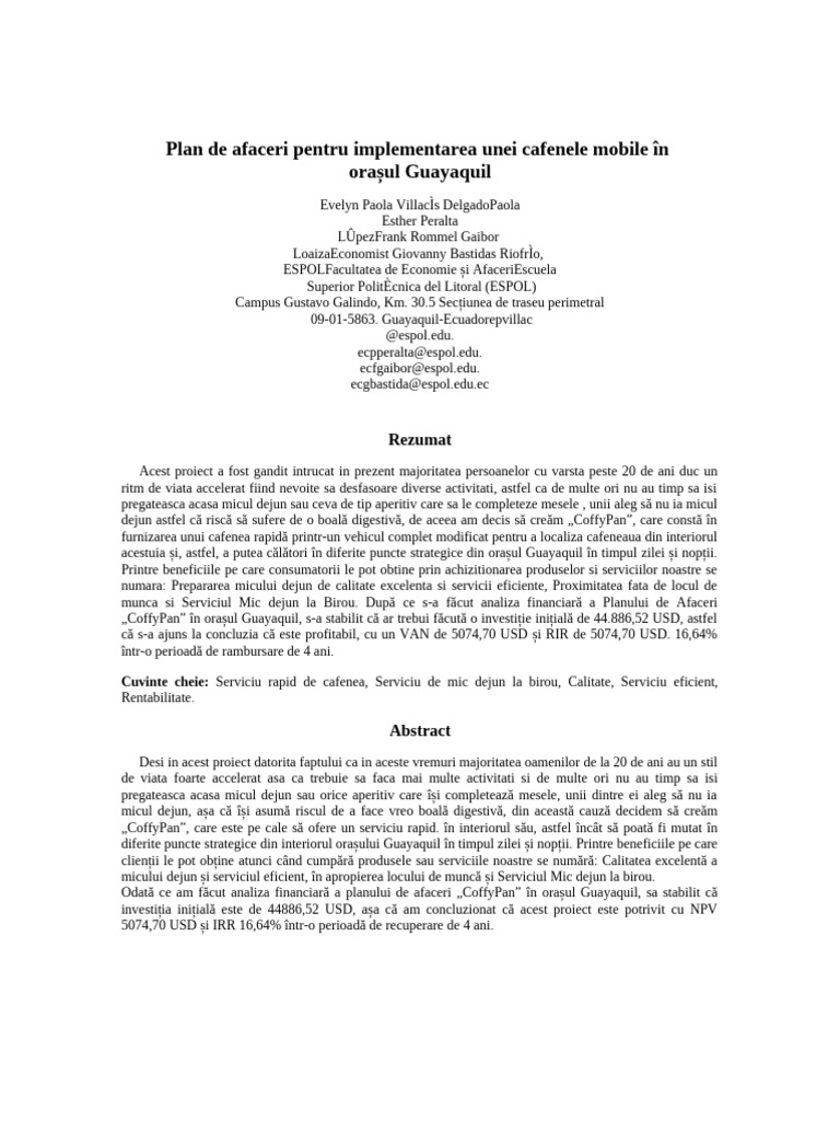Plan de Afaceri Pentru Cafenea Mobilă | PDF